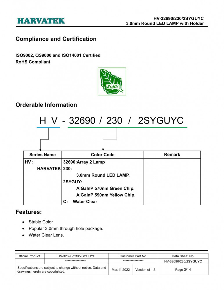 HV-32690/230/2SYGUYC datasheet page 3