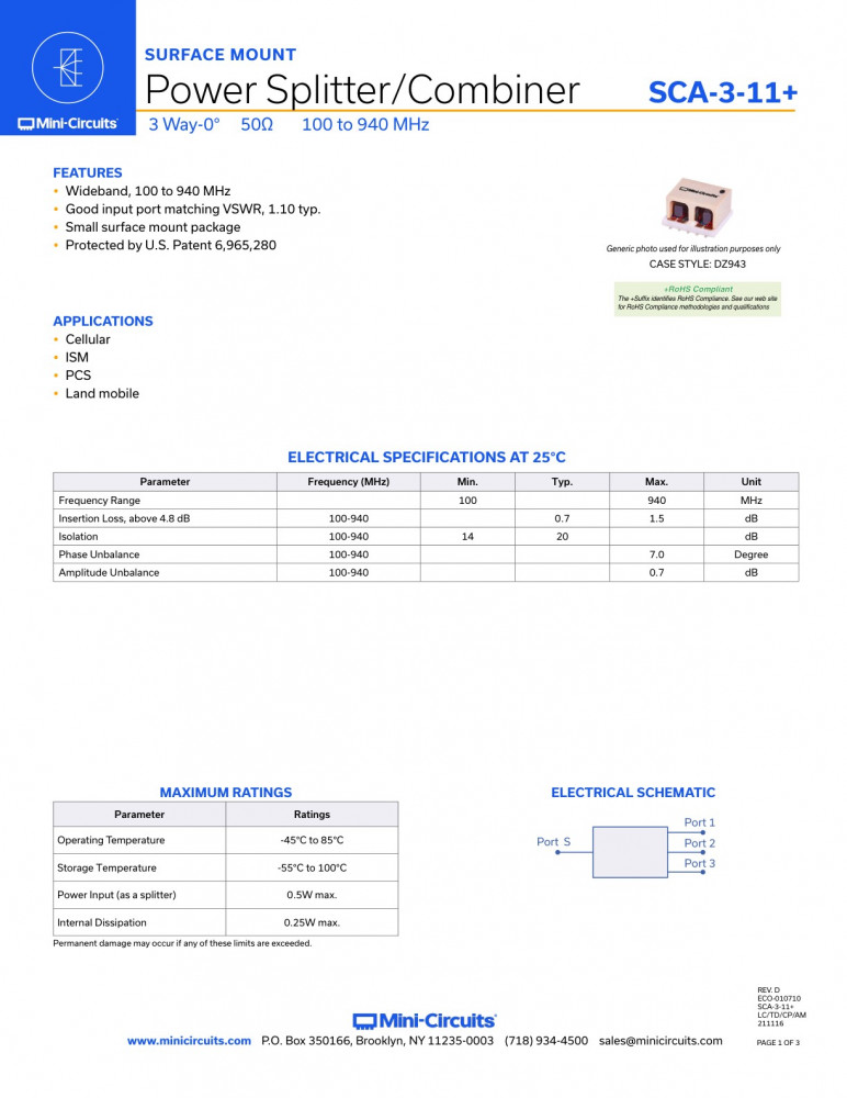 SCA-3-11+ product features and electrical specifications