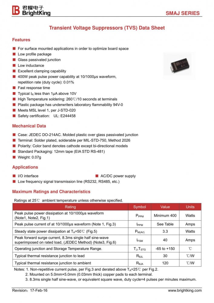 Brightking SMAJ TVS datasheet page 1