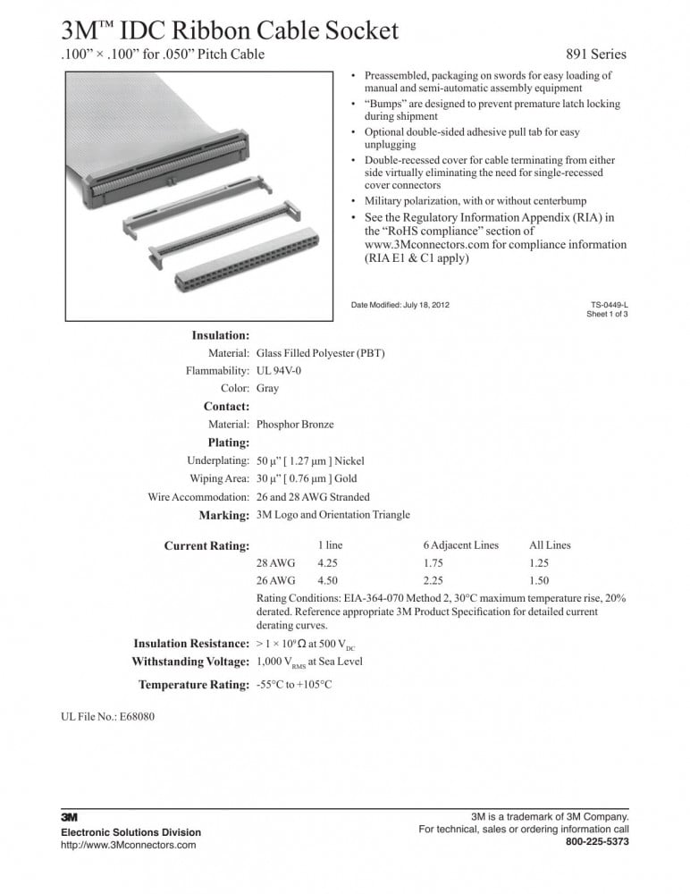 3M 891 Series IDC ribbon cable socket technical document page 1