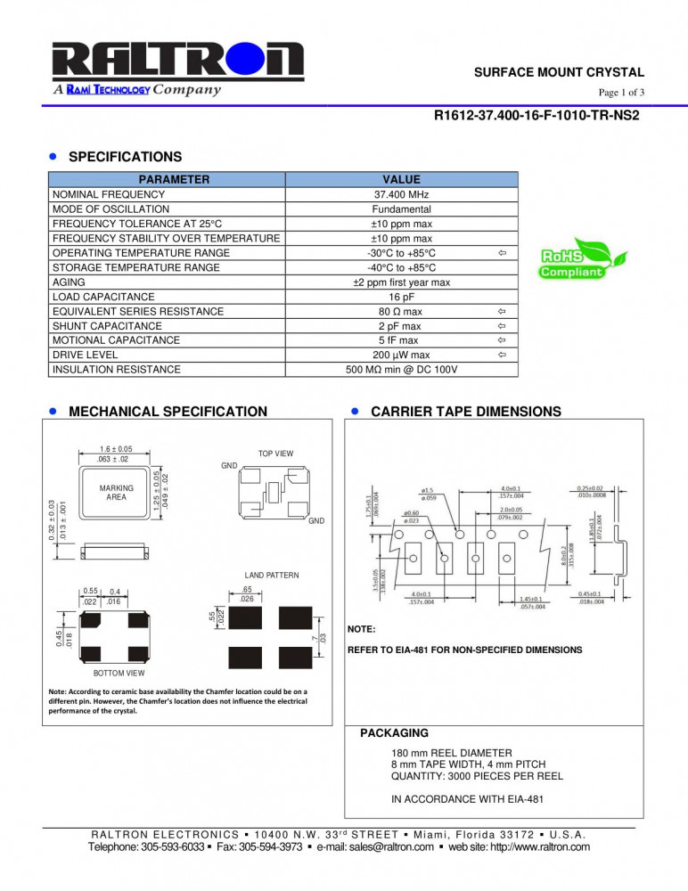 Raltron R1612-37.400-16-F-1010-TR-NS2 datasheet page 1