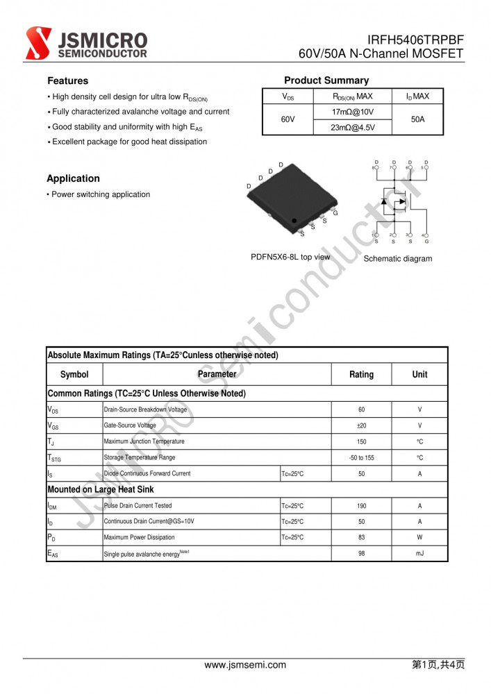 IRFH5406TRPBF-JSM datasheet page 1