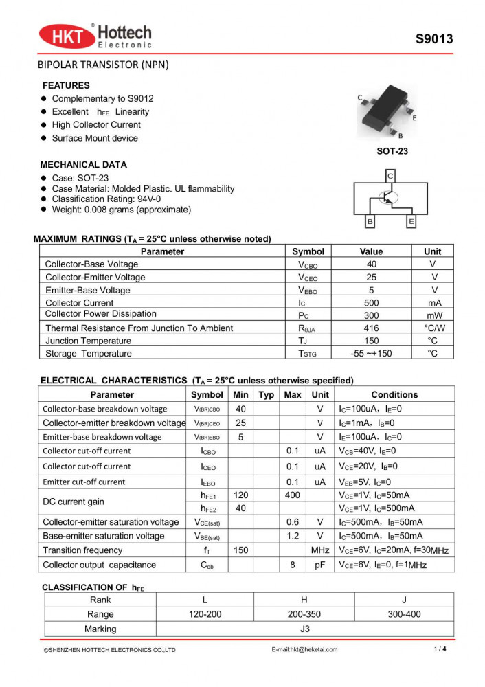 S9013 datasheet page 1