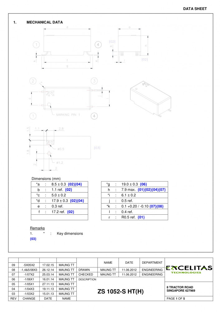 ZS1052 S HT(H) mechanical drawing and dimensional data, page 1