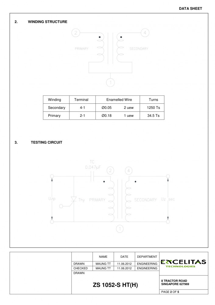 ZS1052 S HT(H) winding structure and test circuit, page 2