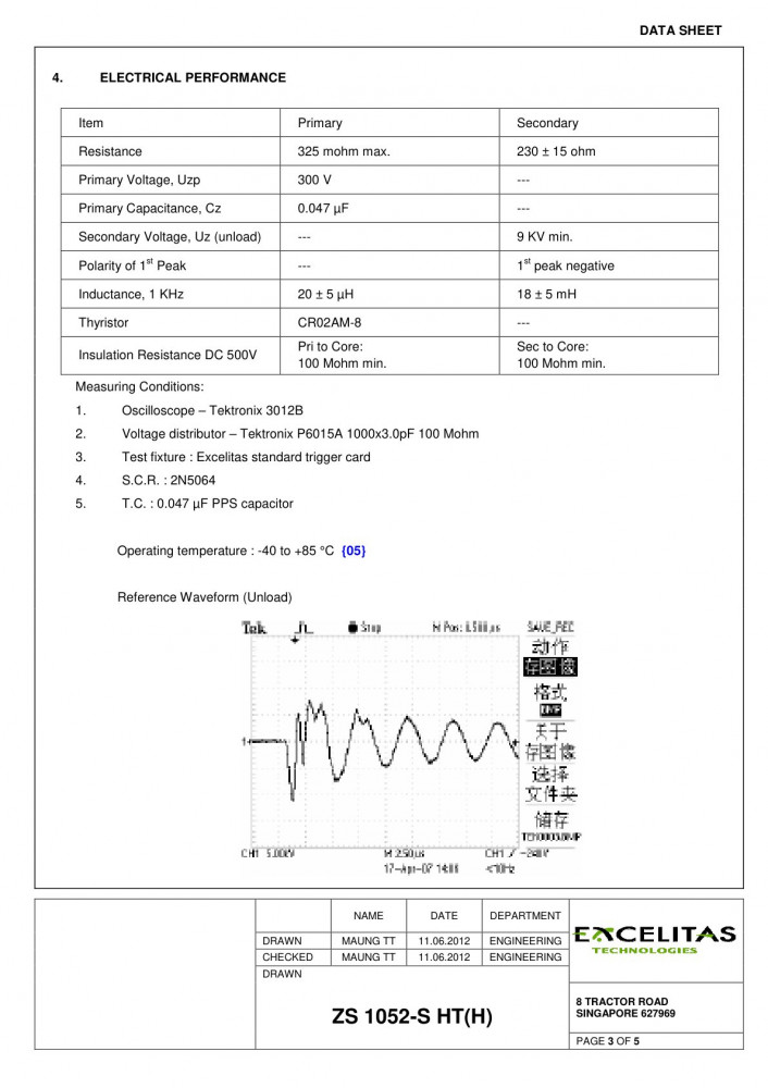 ZS1052 S HT(H) electrical performance and unloaded reference waveform, page 3
