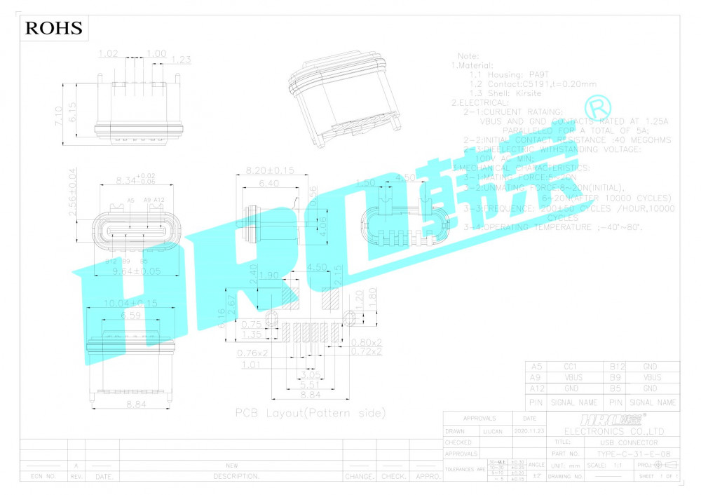 TYPE-C-31-E-08 USB connector technical drawing