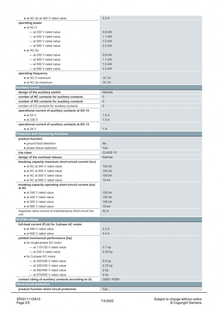 SIEMENS 3RV21111DA10 datasheet page 2