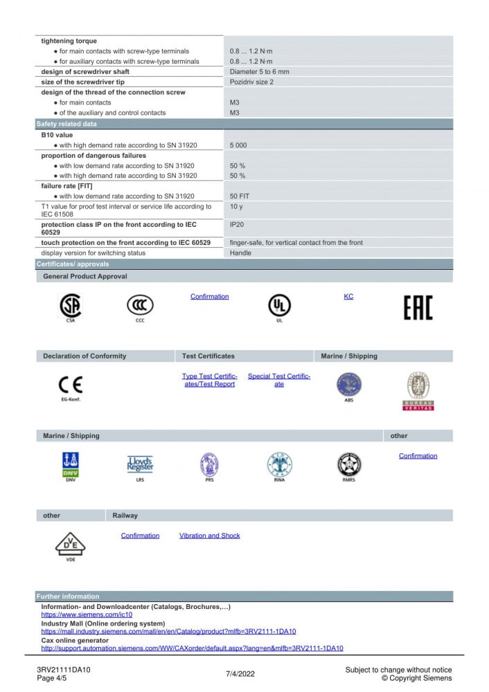 SIEMENS 3RV21111DA10 datasheet page 4