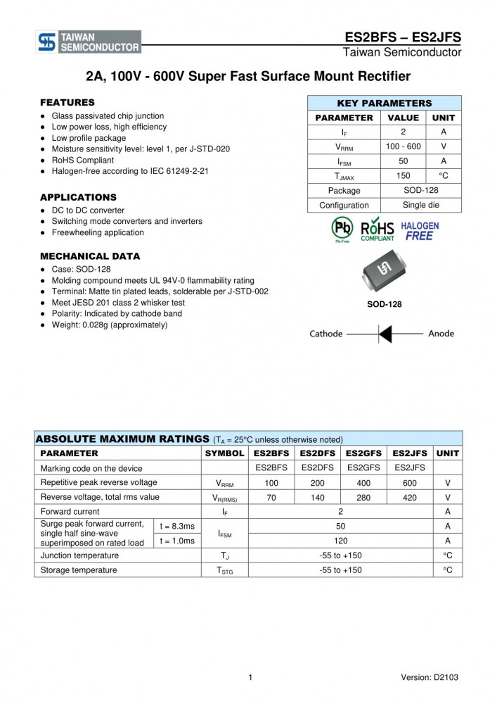 ES2DFS datasheet page 1