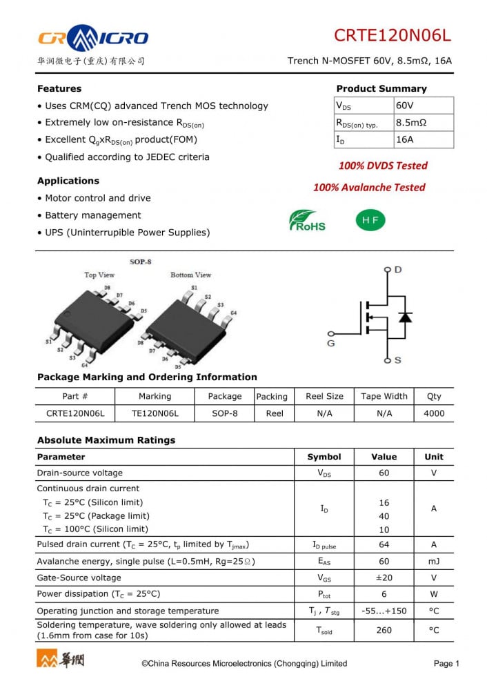 CRTE120N06L datasheet page 1