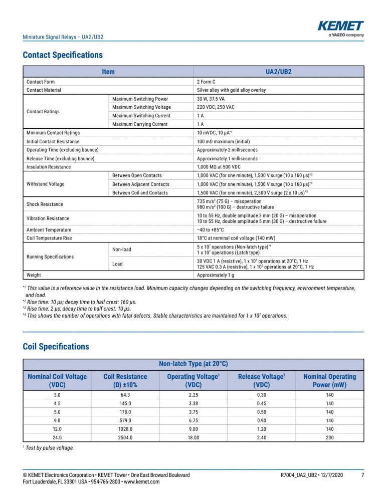 KEMET UB2 relay documentation page 7