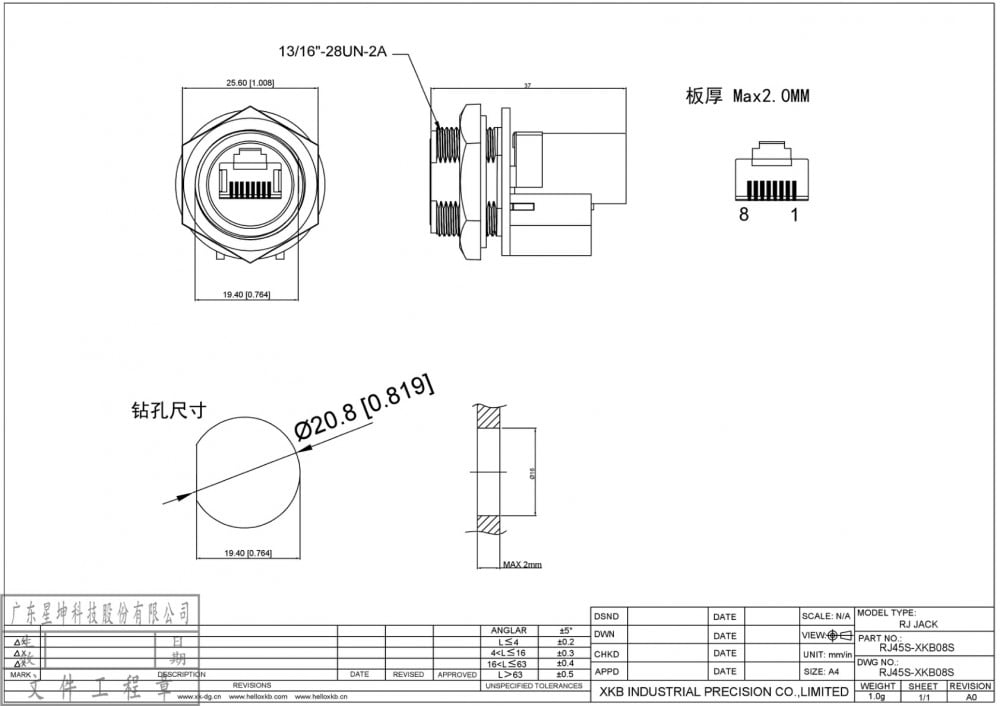 RJ jack technical drawing page 1