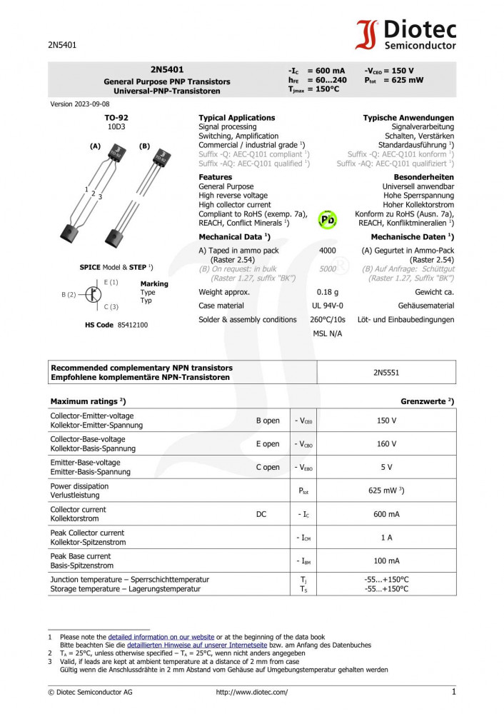DIOTEC 2N5401 datasheet page 1