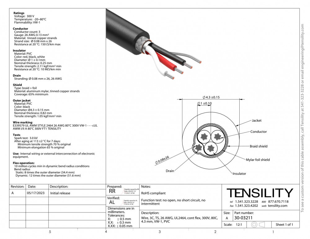 30-03211 cable drawing and specification sheet