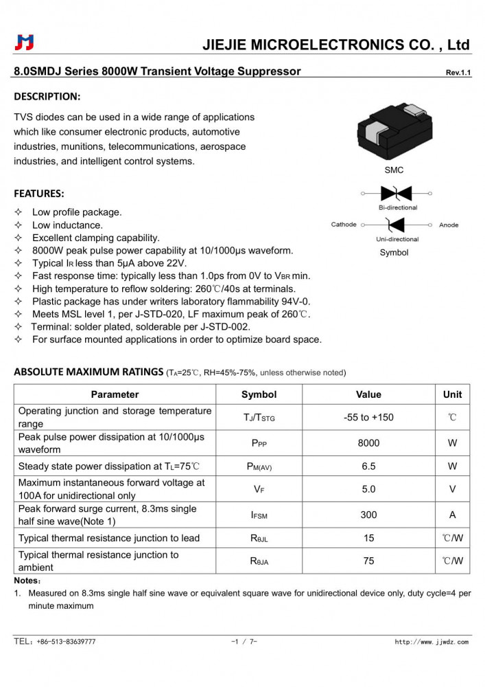 8.0SMDJ series datasheet page 1