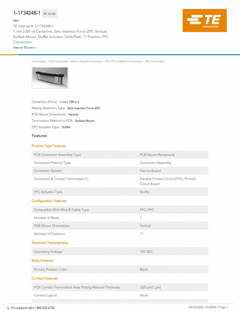 TE Connectivity product documentation page 1