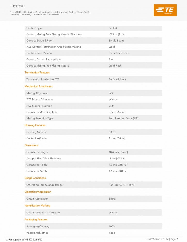 TE Connectivity product documentation page 2