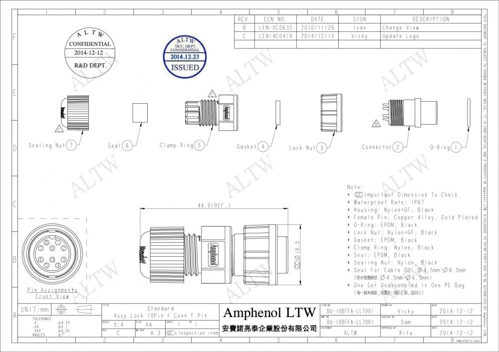 Amphenol BU-10BFFA-LL7001 technical drawing