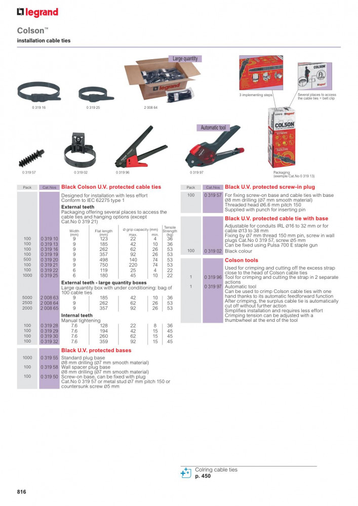 Legrand Colson cable tie product documentation page for model 200863
