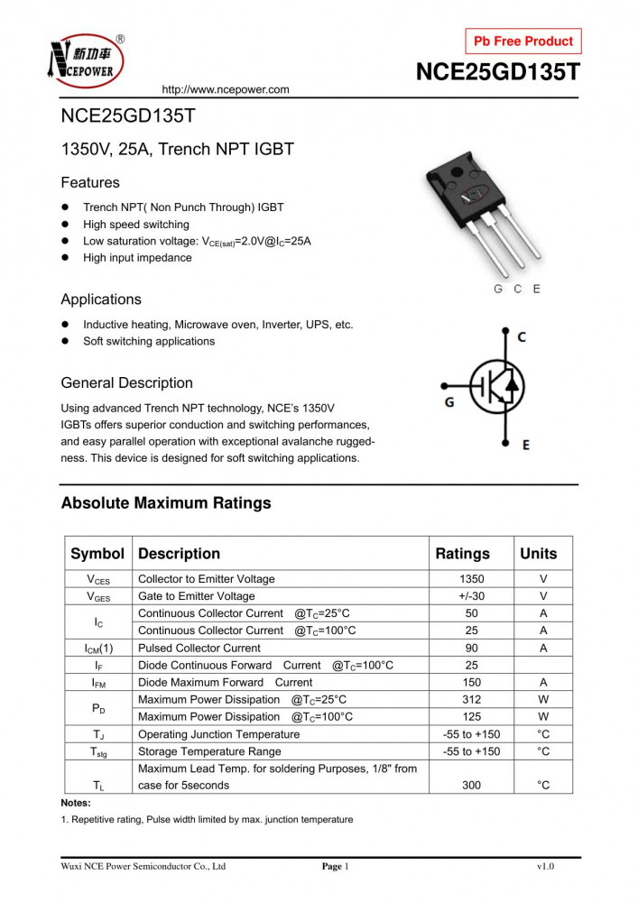 NCE25GD135T datasheet page 1