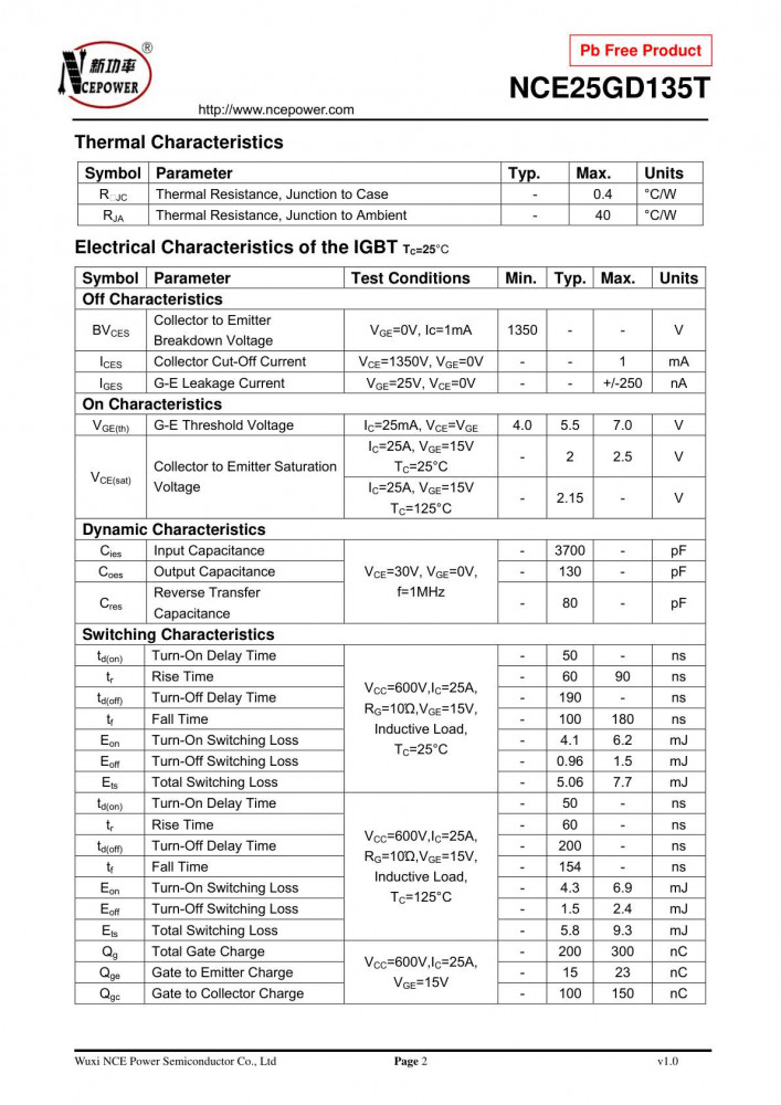 NCE25GD135T datasheet page 2