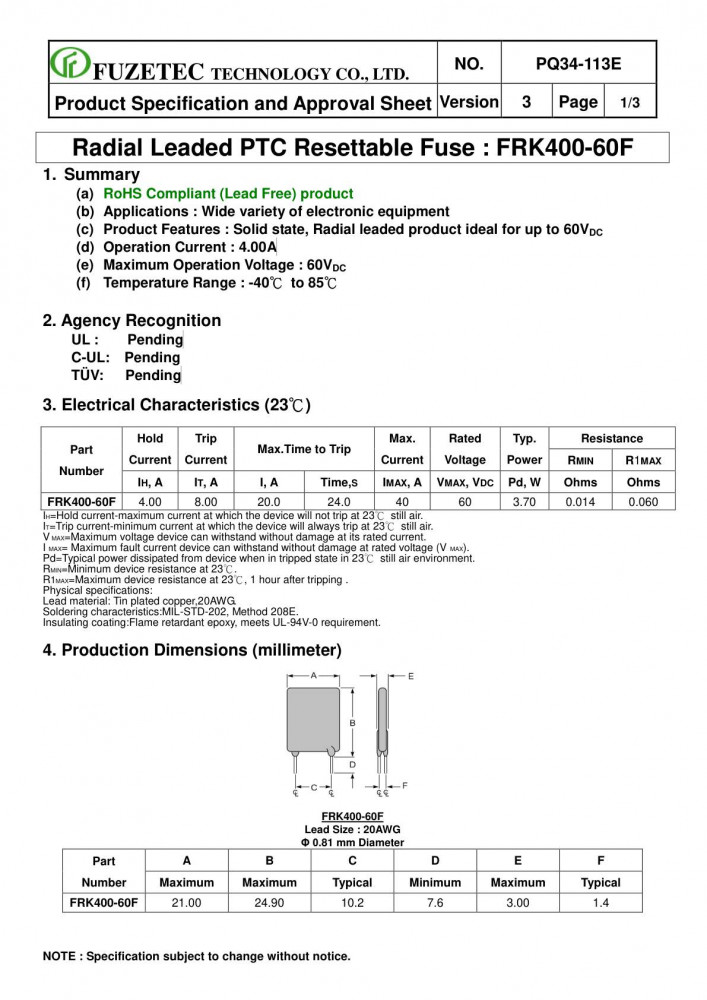FRK400-60F specification sheet page 1