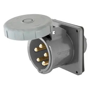 Heavy Duty Products, IEC Pin and Sleeve Devices, Marine Grade, Male, Flanged Inlet, 100A 125/250V, 3-Pole 4-Wire Grounding, Terminal Screws, Yellow