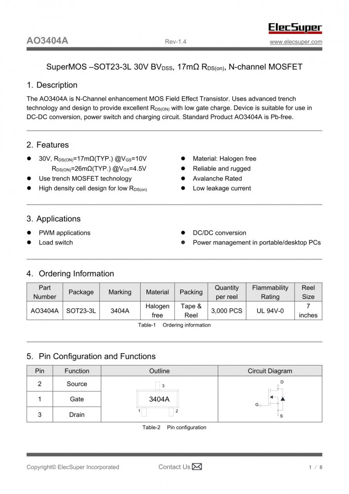 AO3404A datasheet page 1