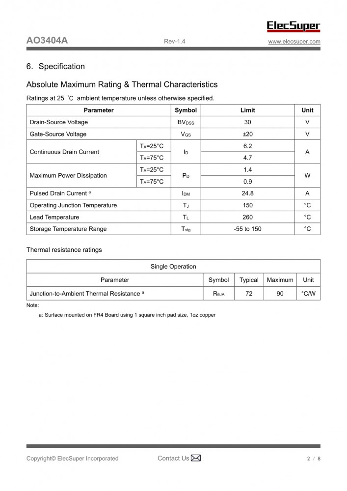 AO3404A datasheet page 2