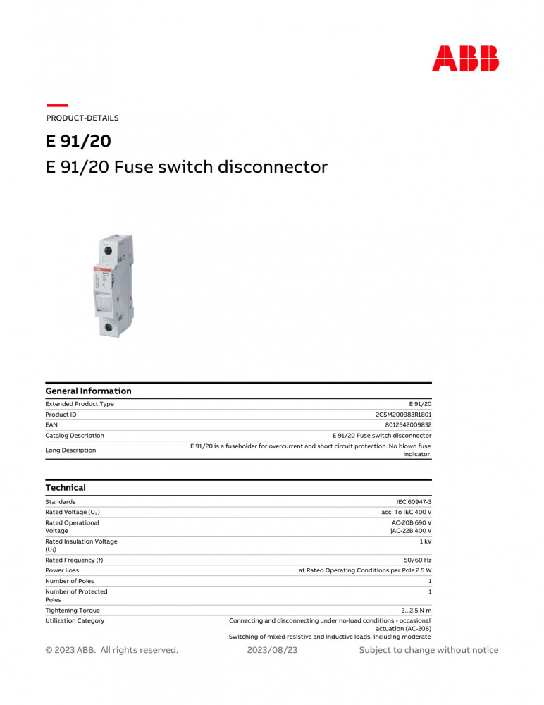 ABB E91/20 datasheet page 1