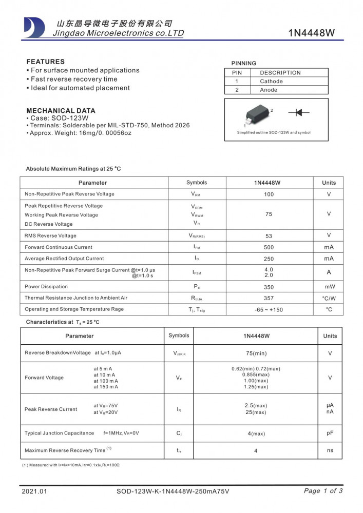 1N4448W datasheet page 1