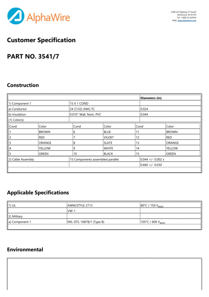 Alpha Wire 3541/7 MC005 technical document page 1