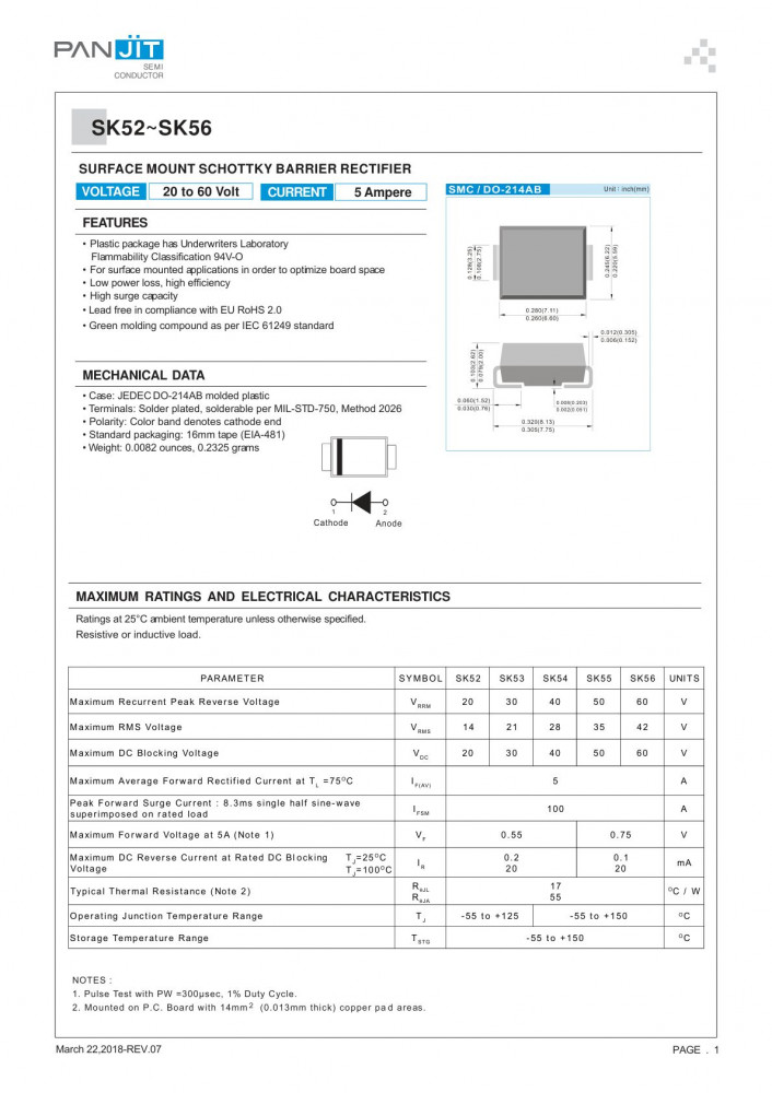 PANJIT SK52 to SK56 datasheet page 1
