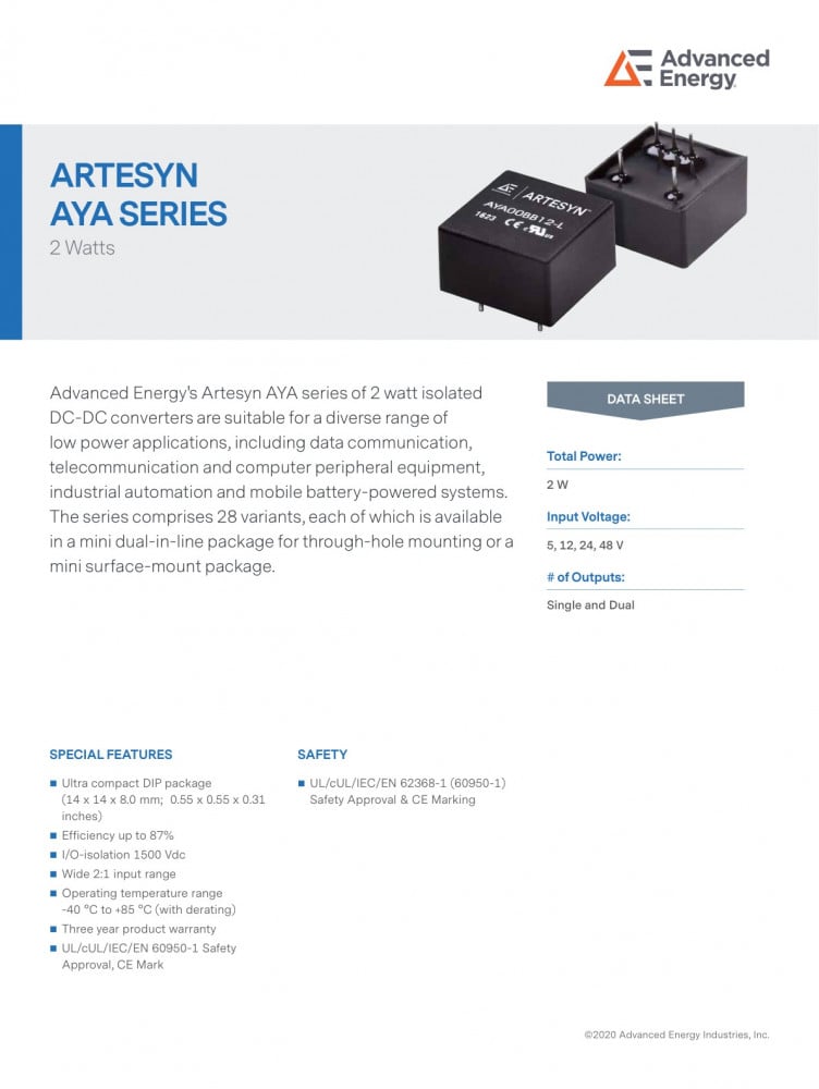 Artesyn AYA series datasheet page 1