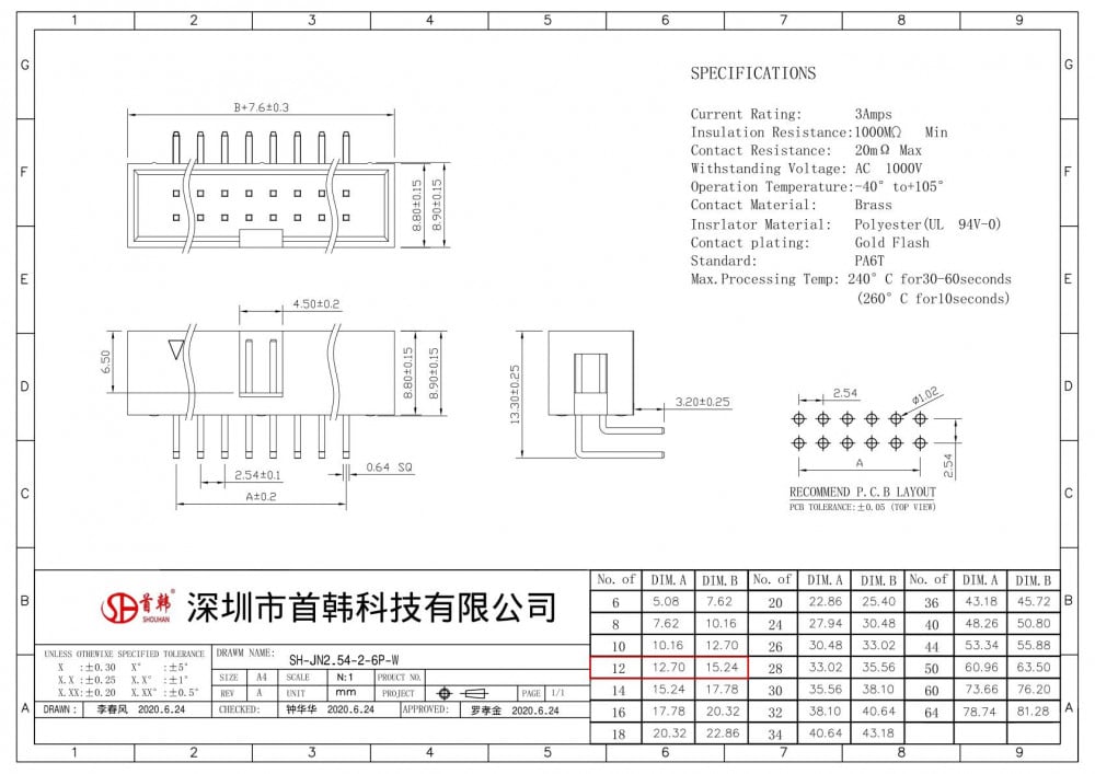 SH-JN2.54-2-6P-W technical drawing and specifications