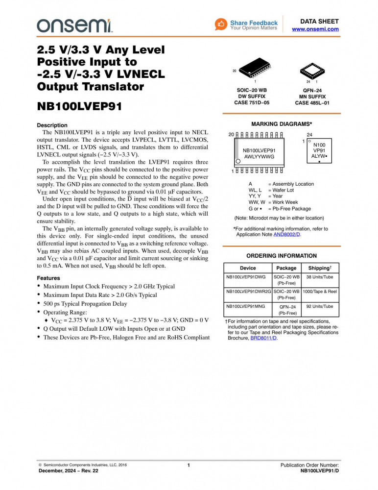 NB100LVEP91 datasheet page 1
