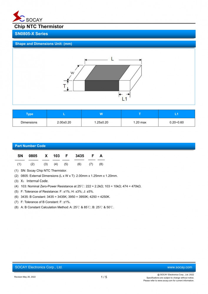 SN0805-X technical document, page 1