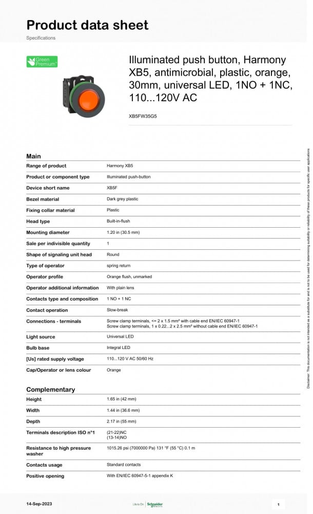 XB5FW35G5 technical document page 1