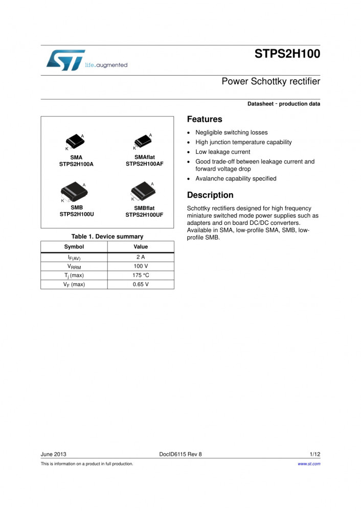 STPS2H100 datasheet page 1