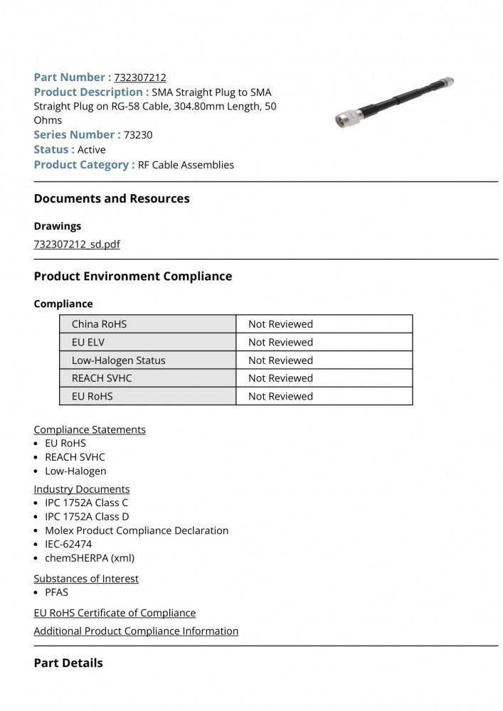 Technical document preview, page 1 for MOLEX 732307212