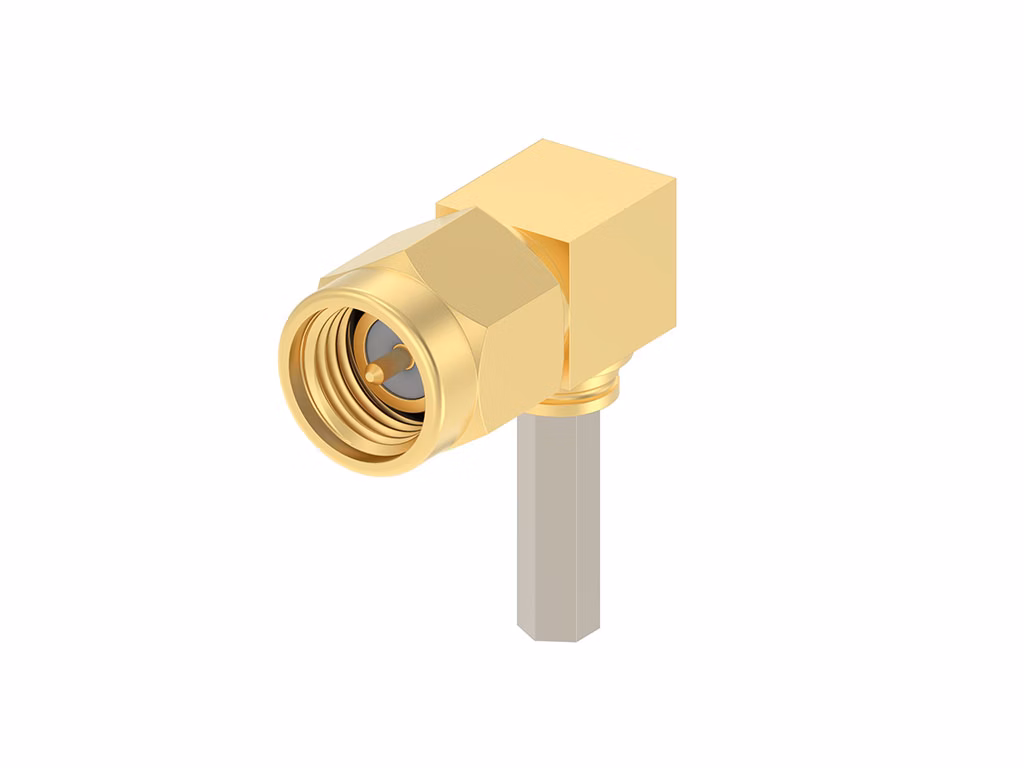 SMA Plug, Right-Angle, Crimp, RG-174, RG-188 and RG-316 Cable, Brass Body, Gold (Au) Plated, One Piece Per Bag, 50 Ohms for sale