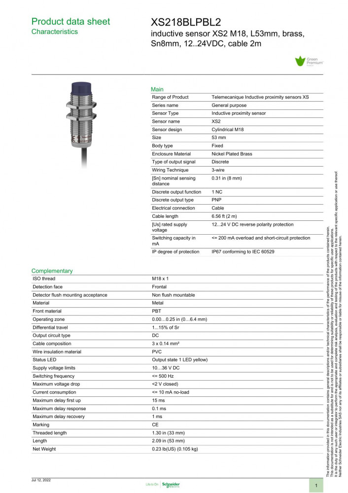 XS218BLPBL2 technical document page 1