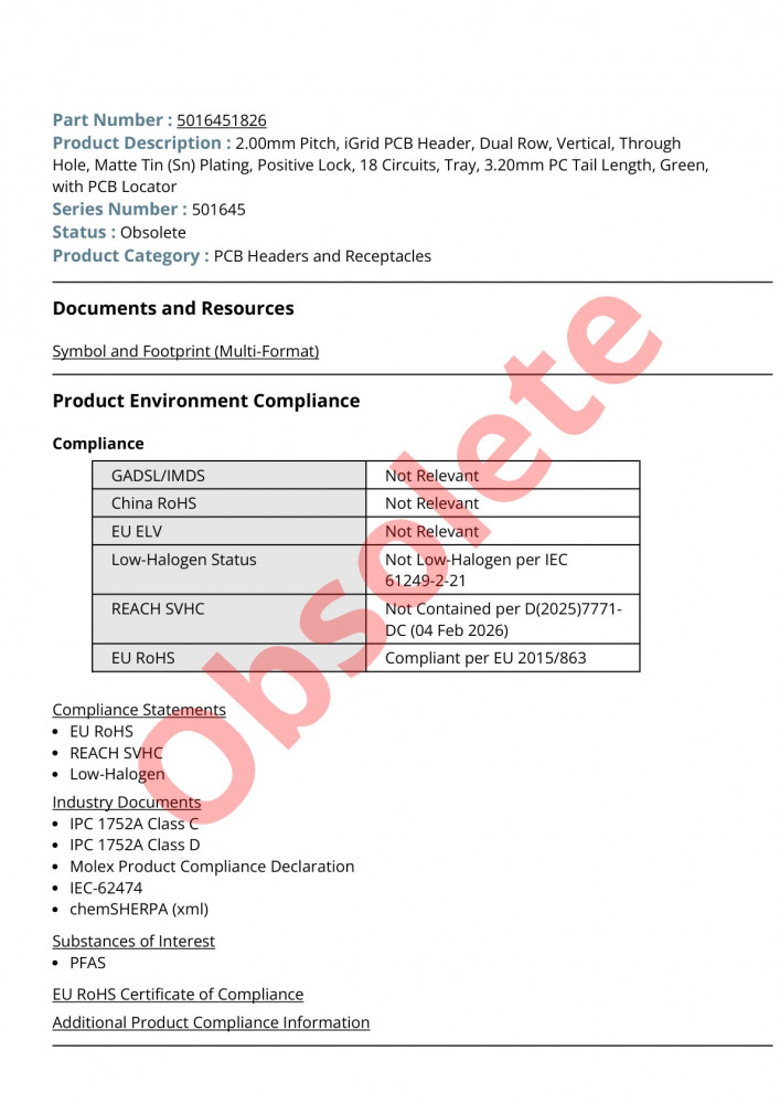 Technical document page 1 for MOLEX 5016451826