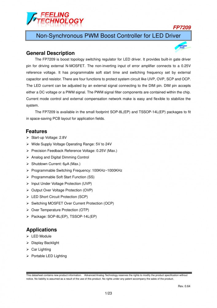 FP7209 datasheet page 1