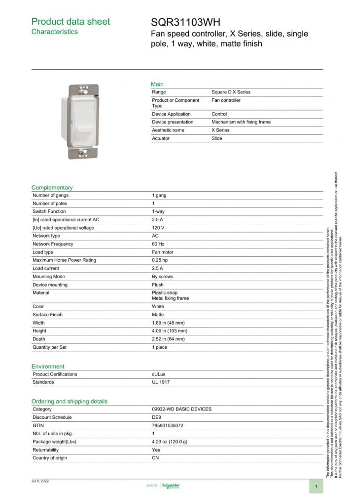 SQR31103WH technical document page 1