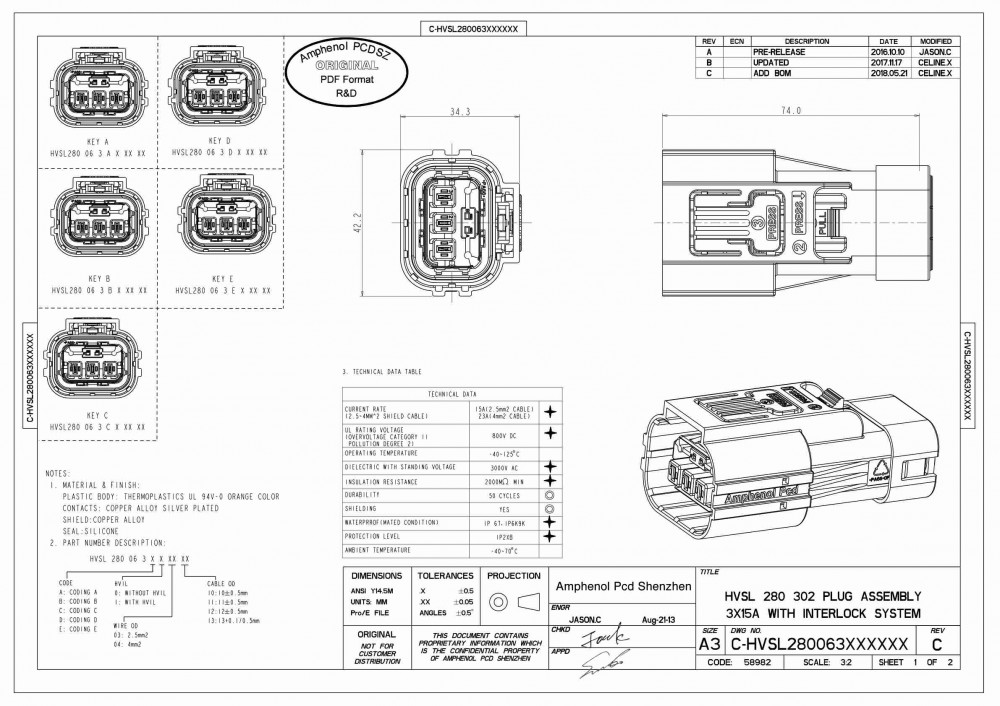 Amphenol HVSL280063A00410 technical document page 1