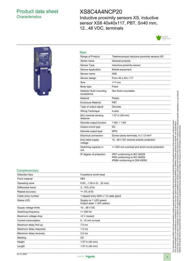 XS8C4A4NCP20 product documentation page 1