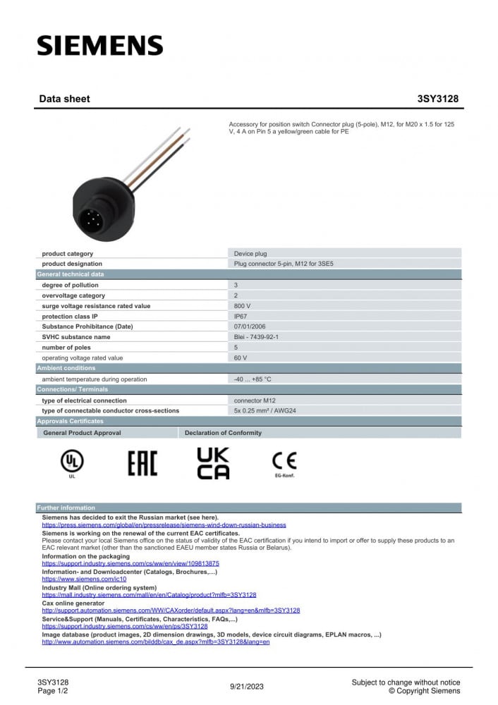 SIEMENS 3SY3128 technical document page 1