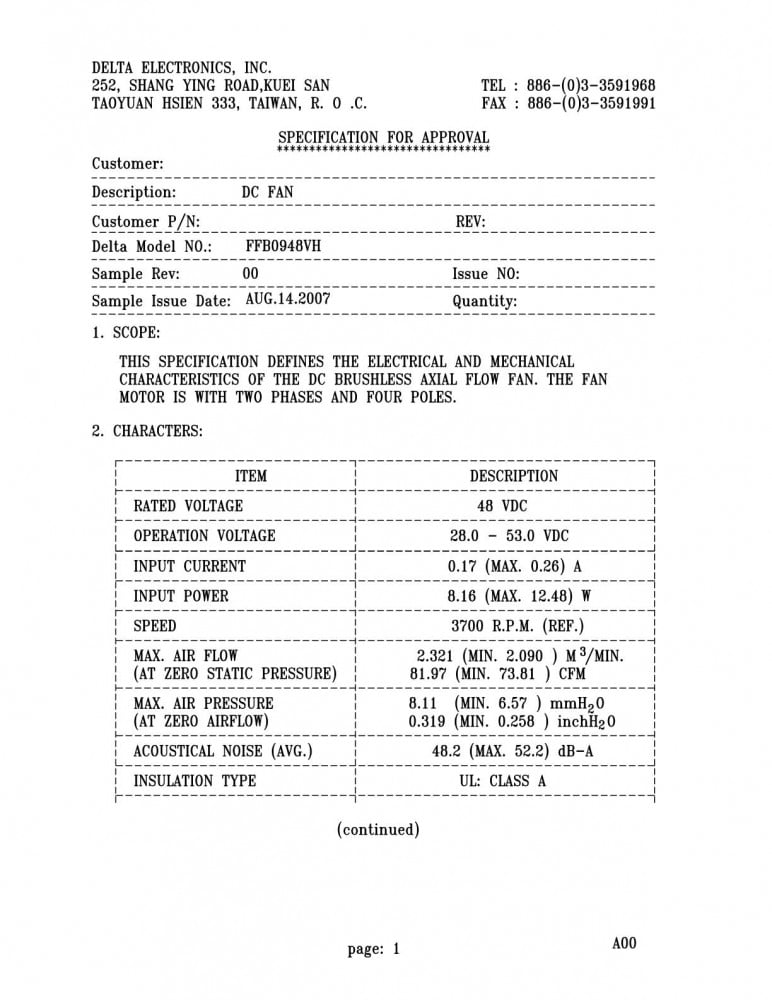 FFB0948VH specification page 1